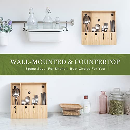 Bamboo Kitchen Utensil Holder for Countertop - Wall Mount Available - Cooking Utensil Caddy with 4 Compartments, Farmhouse Kitchen Decor, Wooden Utensil Organizer for counter