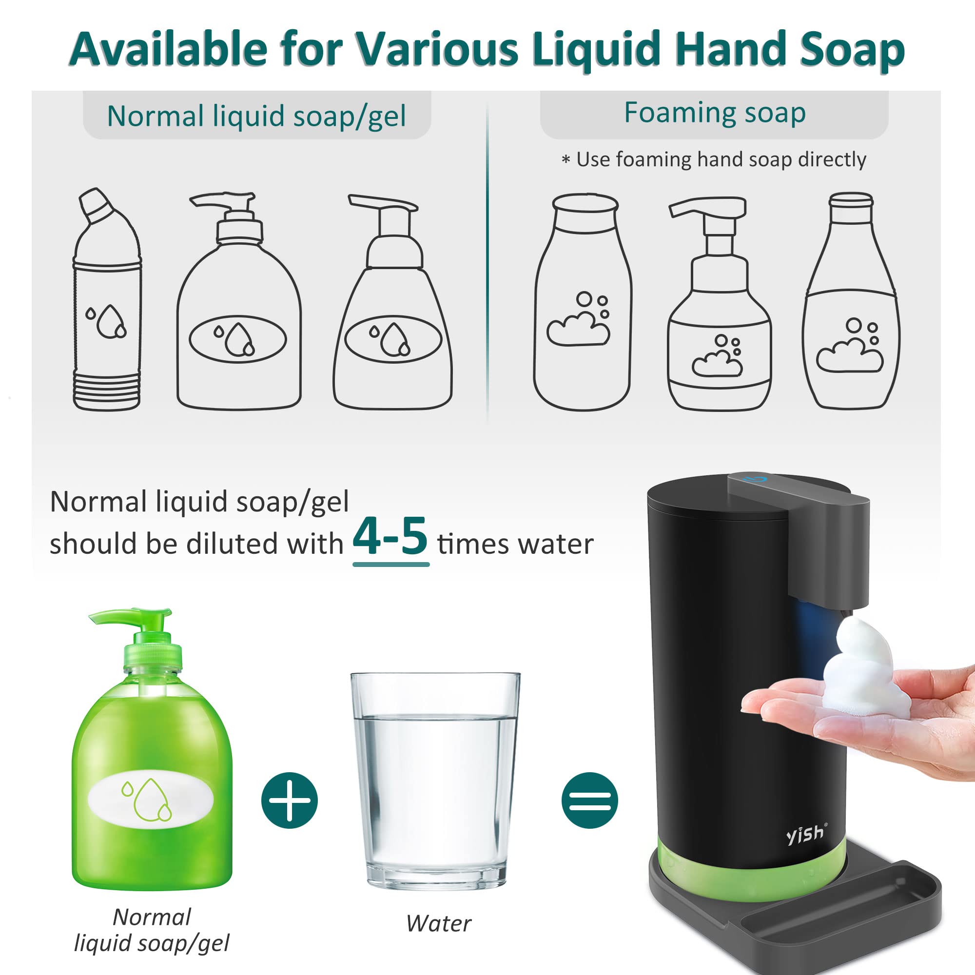Touchless Automatic Foaming Soap Dispenser: YISH Bathroom Countertop Soap Dispenser Black Electric Hand-Free Soap Foam Soap Dispenser for Kitchen, 2.93×2.93×6.35 inches, Y180