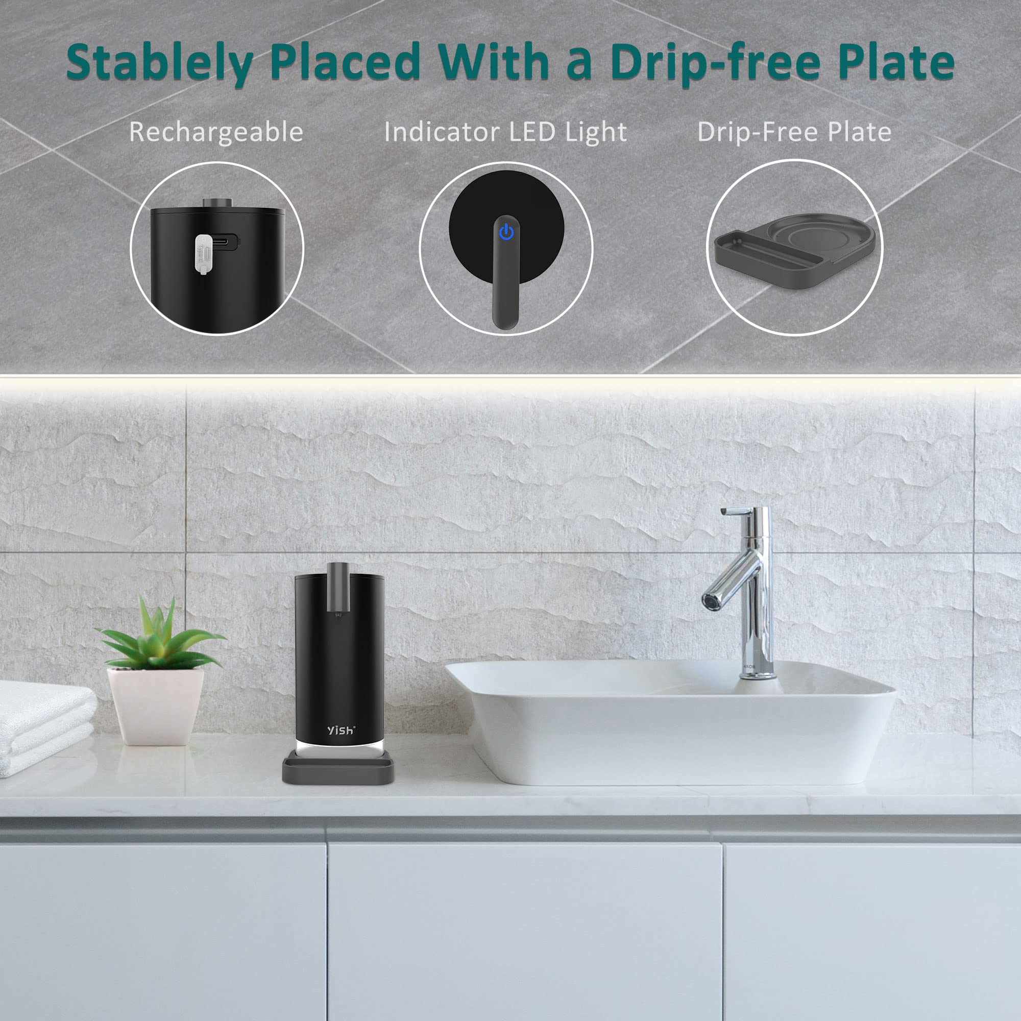 Touchless Automatic Foaming Soap Dispenser: YISH Bathroom Countertop Soap Dispenser Black Electric Hand-Free Soap Foam Soap Dispenser for Kitchen, 2.93×2.93×6.35 inches, Y180