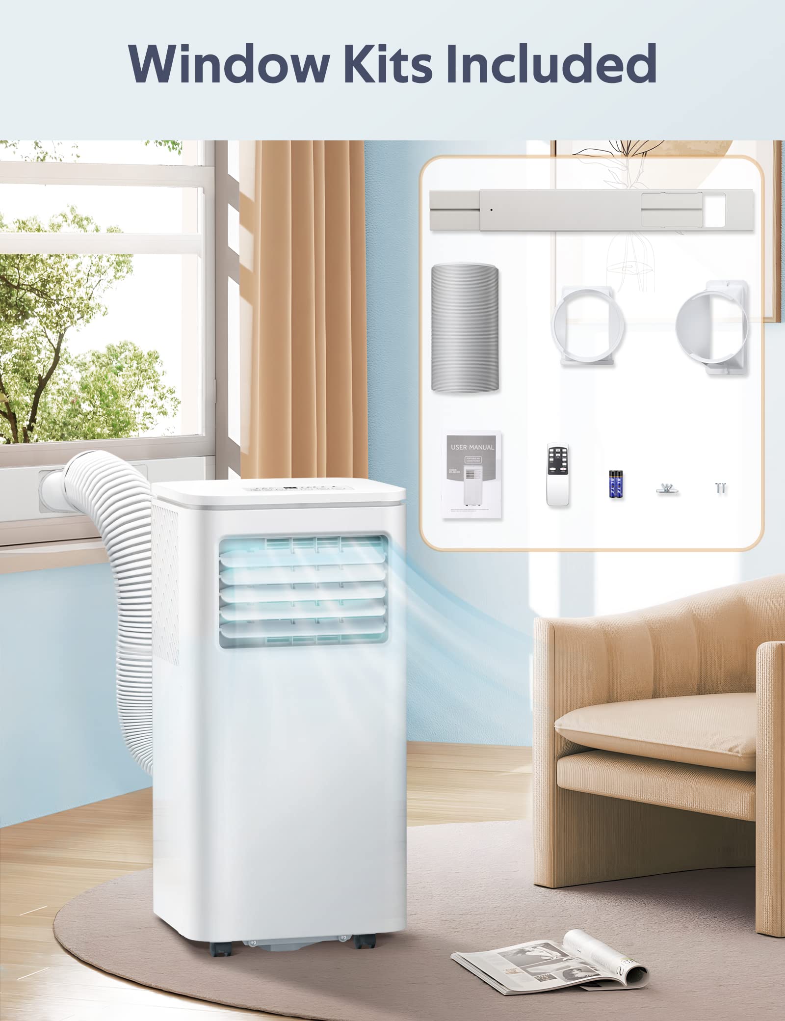ZAFRO 8,000 BTU Portable Air Conditioners, Air Conditioners for Room up to 350 Sq.ft, Portable AC Unit with Remote/Digital Display/24Hrs Timer/Installation Kits for Home/Office/Dorms, White