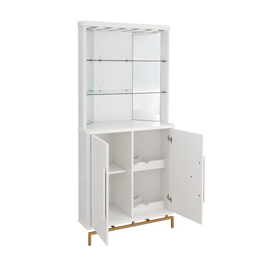 Home Source 68" Liquor Cabinet with Half Moon Handles and Metal Base, Ideal for Bars & Wine Cabinets and Kitchen Storage Cabinets, Wine Bar Cabinet with Storage for Kitchen,Dining Room,White