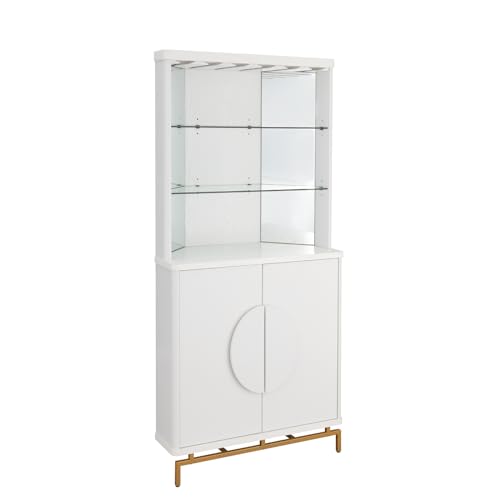 Home Source 68" Liquor Cabinet with Half Moon Handles and Metal Base, Ideal for Bars & Wine Cabinets and Kitchen Storage Cabinets, Wine Bar Cabinet with Storage for Kitchen,Dining Room,White