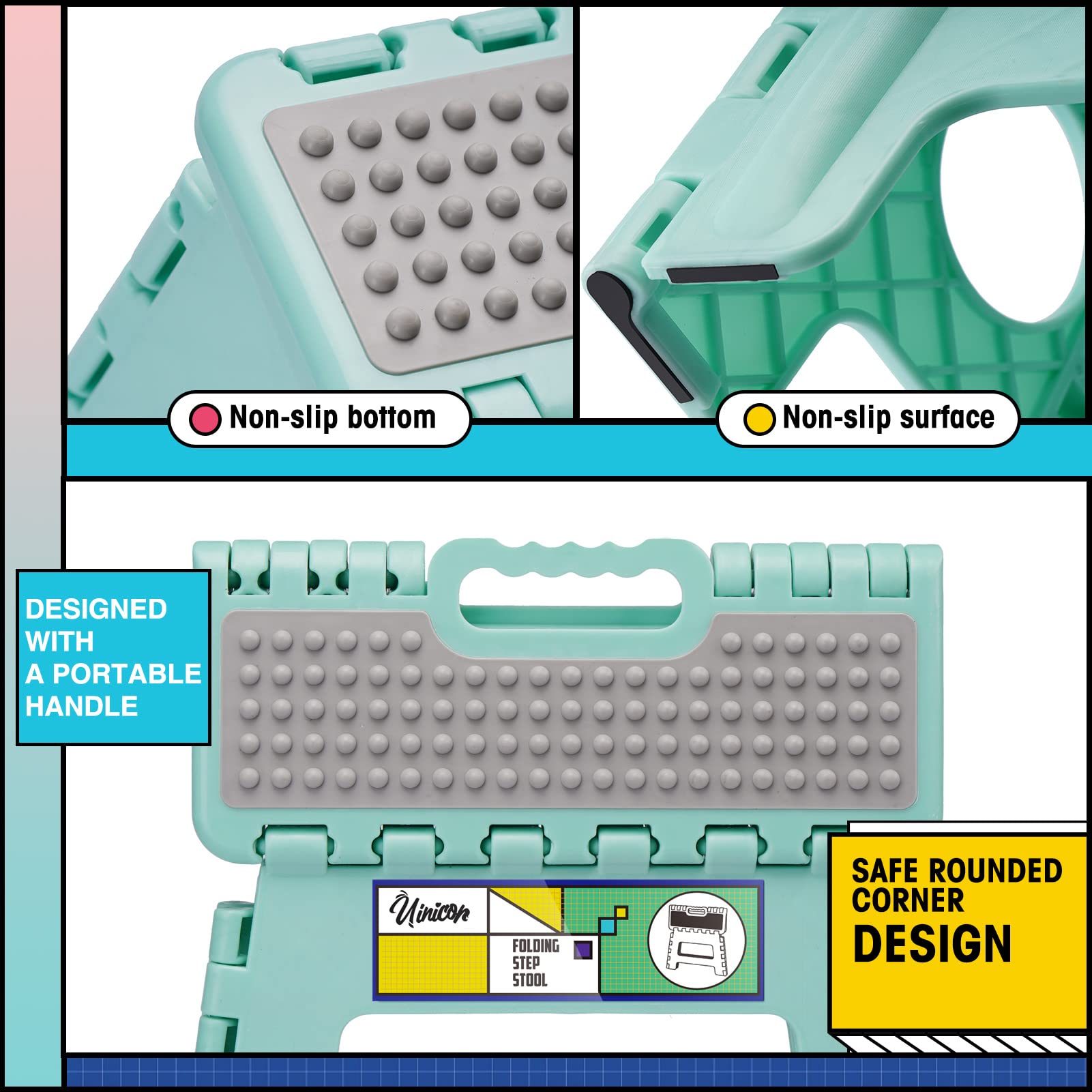Uinicor 13" Folding Step Stool for Adults and Kids Holds Up to 300 lbs,Non-Slip Folding Stools with Handle, Compact Plastic Foldable Step Stool for Bathroom,Bedroom, Kitchen,Teal 1pc