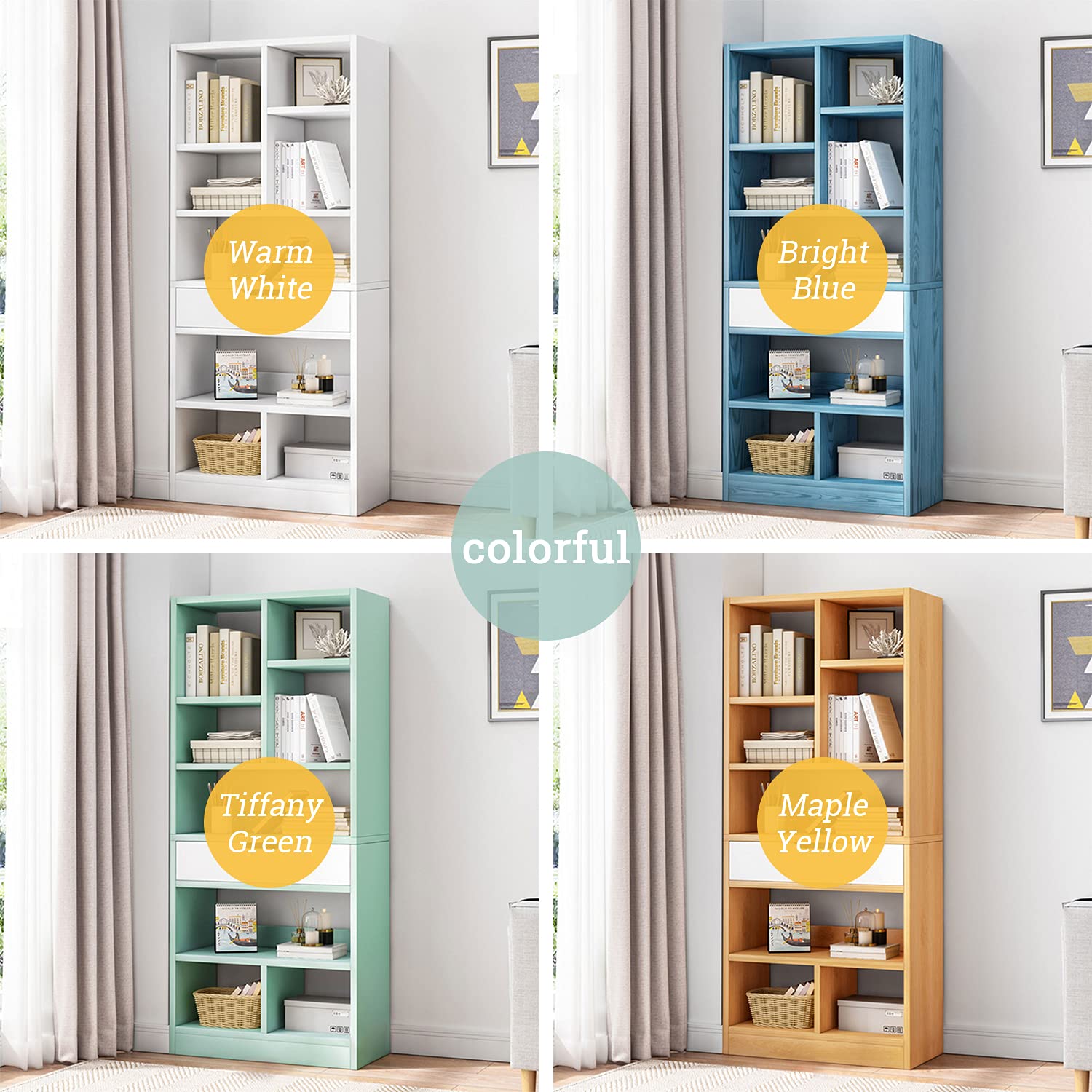IOTXY Wooden Open Shelf Bookcase - 61 Inches Height Freestanding Display Storage Cabinet Organizer with 8 Cubes and a Drawer, Floor Standing Bookshelf in Tiffany-Green