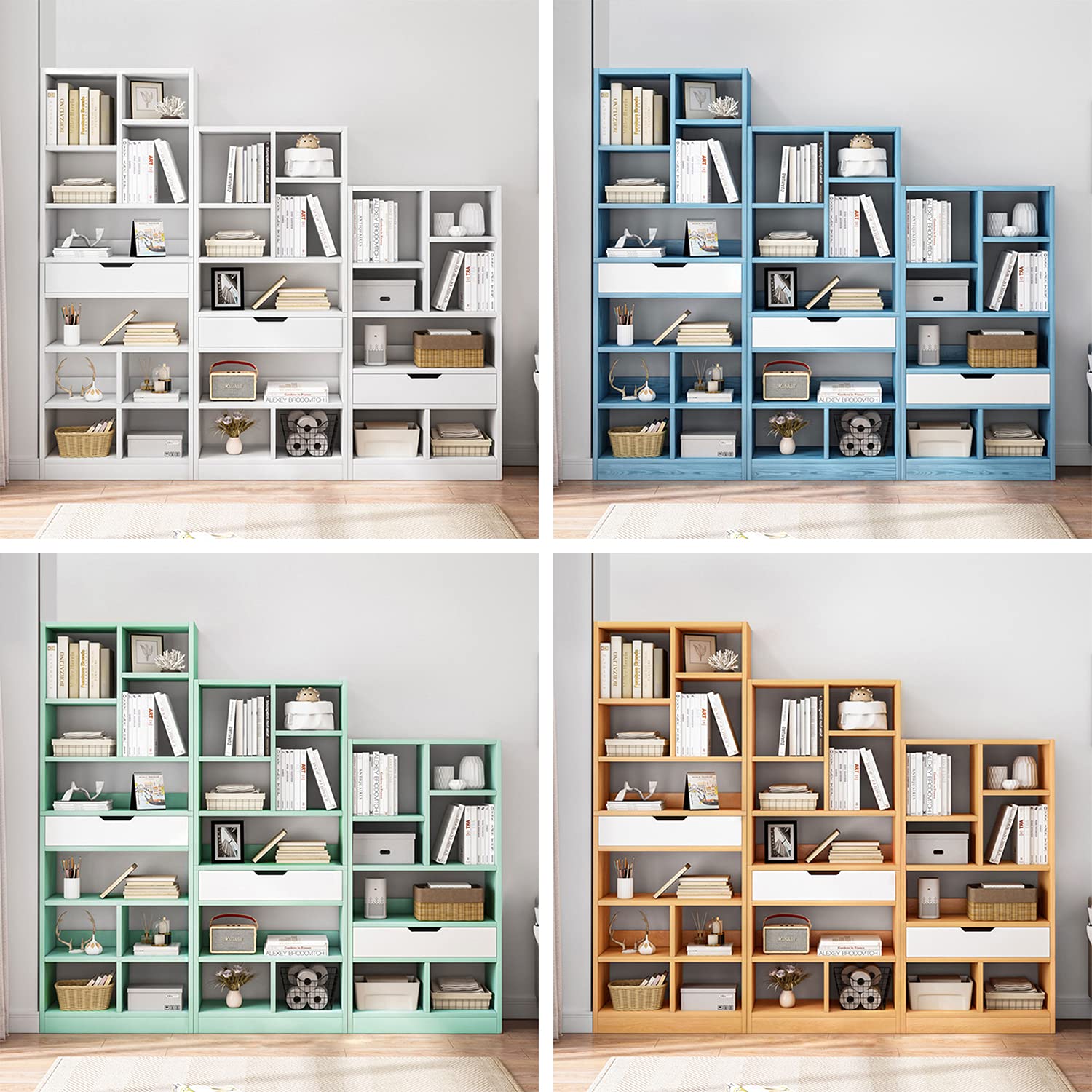 IOTXY Wooden Open Shelf Bookcase - 61 Inches Height Freestanding Display Storage Cabinet Organizer with 8 Cubes and a Drawer, Floor Standing Bookshelf in Tiffany-Green