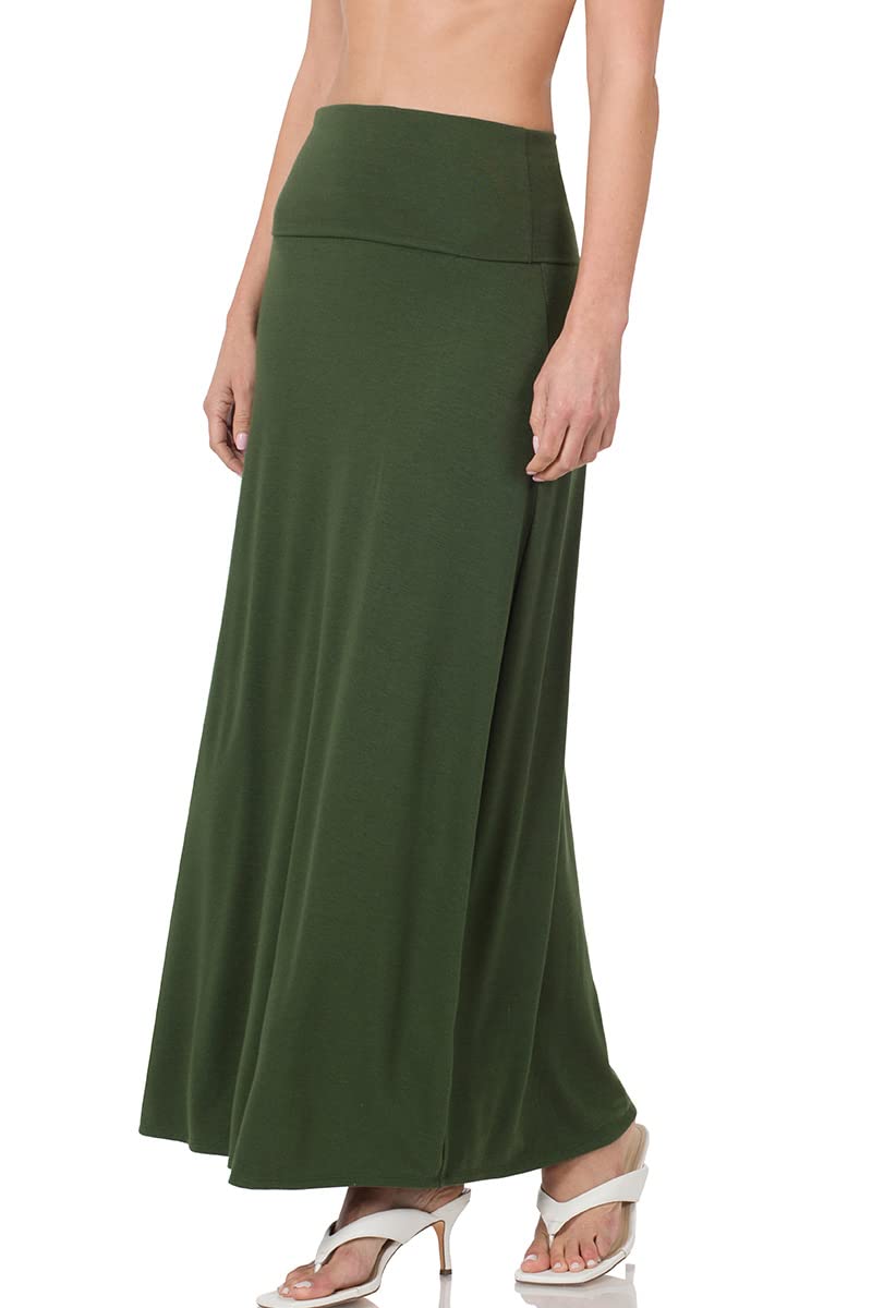 ShezPretty Women's Premium Fold Over High Waist Long Floor Length Maxi Skirt (XLarge, Army Green)