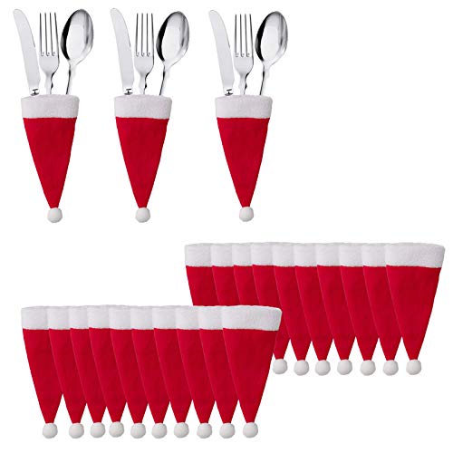 SUNTRADE Christmas Santa Hats Silverware Holders,Tableware Knife Fork Spoon Storage Bag,for Christmas Dinner Table,Set of 20