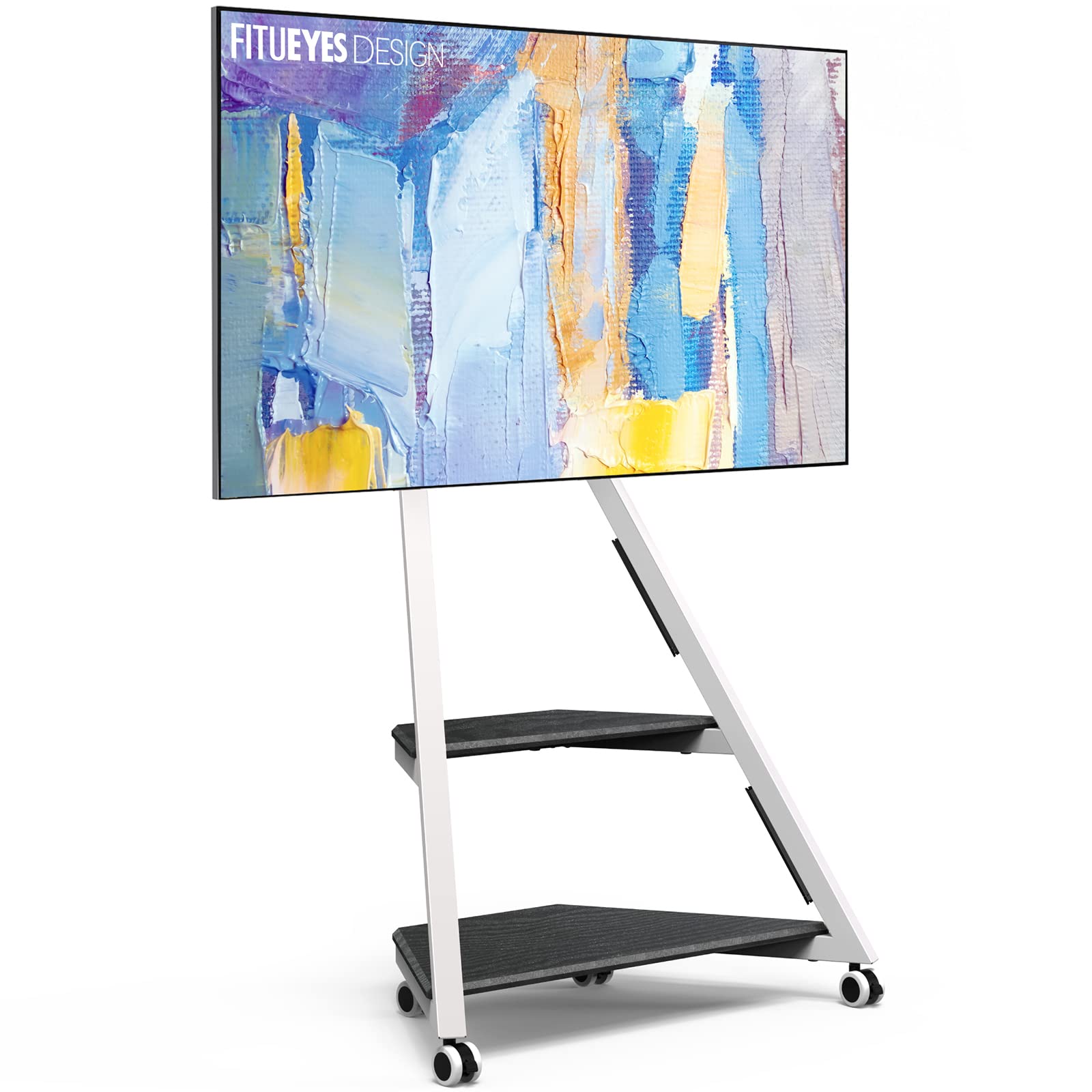 FITUEYES Design Corner TV Stand for 32 43 50 55 65 Inch TVs, Small Spaces Floor TV Stand Rolling TV Cart for LCD/LED Flat Curved Screens, Modern Living Room Television Stands, Eiffel Series, White