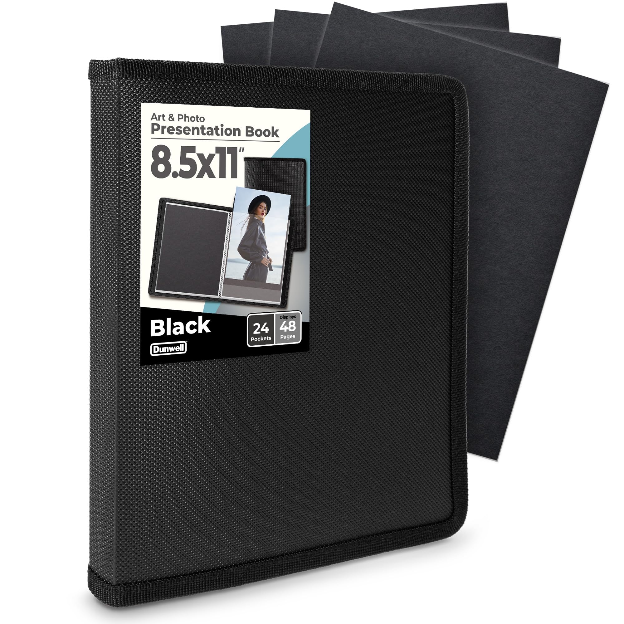 Dunwell Art Portfolio 8.5x11 Folder (Black), Mounting Paper, Portfolio Binder for Artwork, 8.5 x 11 Art Folder, 24 Pockets Display 48 Pages, Acid-Free Poly Presentation Book