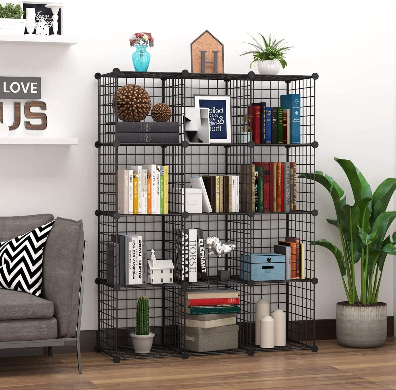 HUBSON Wire Cube Storage Organizer, Book/Toy/Craft/Potted Plants and petCloset Organizers and Storage Shelves, 9-Cube Freely Combinable Metal Grids Storage Shelf,Black Iron
