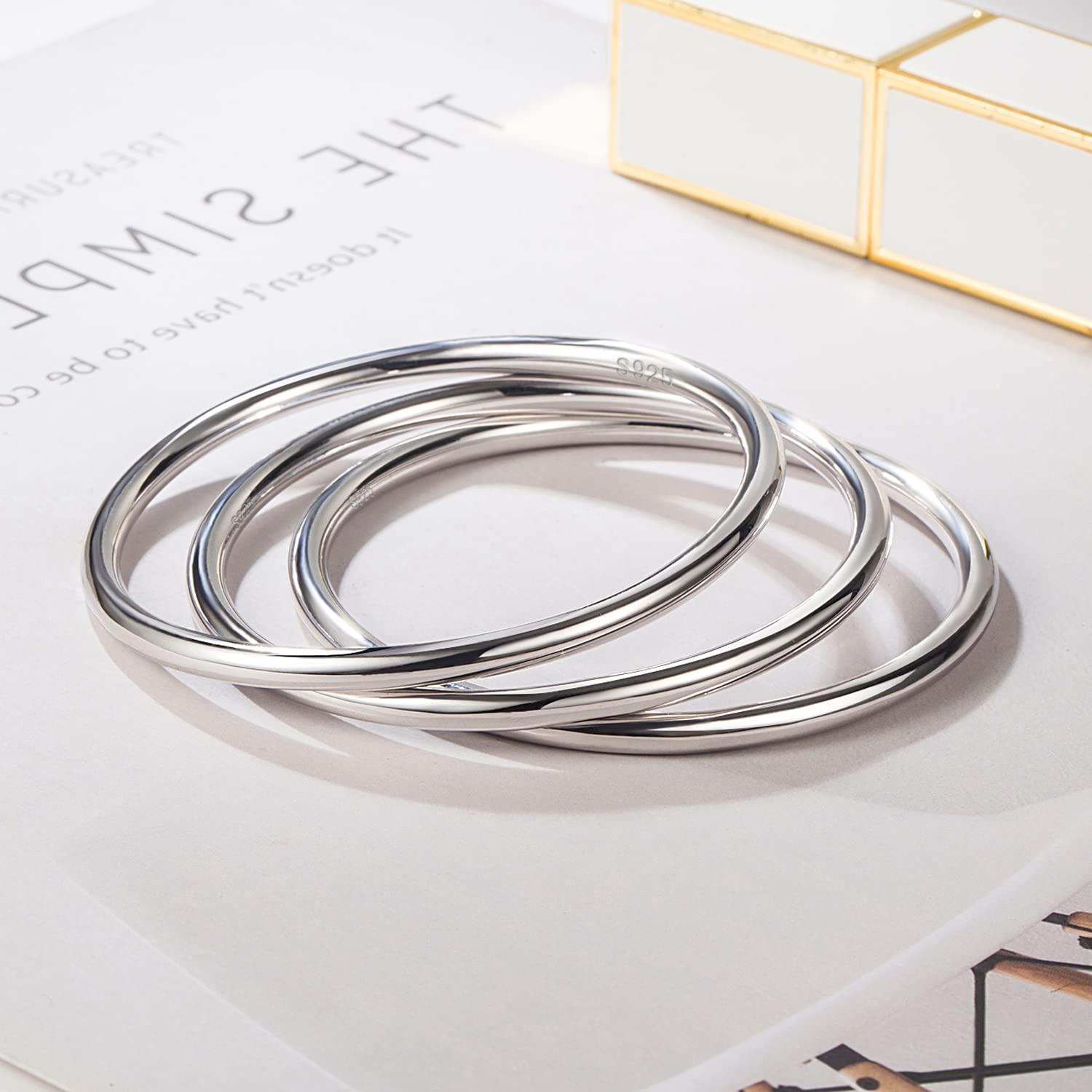 H&Beautimer Solid 925 Sterling Silver Italian Handmade Minimalist 4MM Bracelet for Women's Charm Jewelry 60-65MM Bangle 1/2/3 Set Birthday Gift (3set, 60MM)