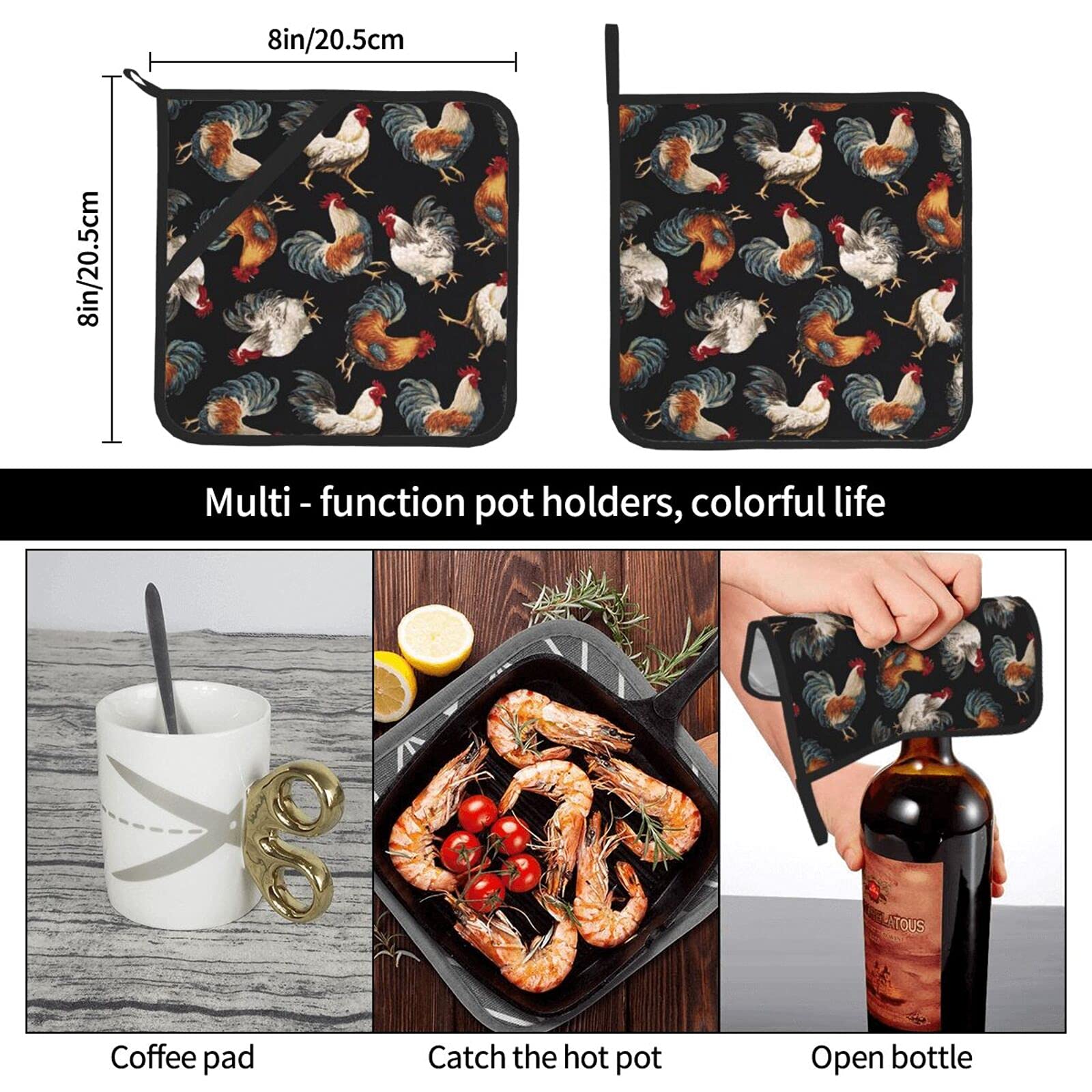French Roosters Heat Resistant Potholders 8x8 in French Roosters Kitchen Pot Holders Sets Hot Handle for BBQ Cooking Baking Grilling Microwave Barbecue Four Seasons Hot Pads
