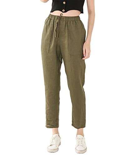 Amazhiyu Womens Linen DrawstringCropped Pants Elastic Waist with Pockets for Summer Casual (US, Alpha, Medium, Regular, Regular, Green)