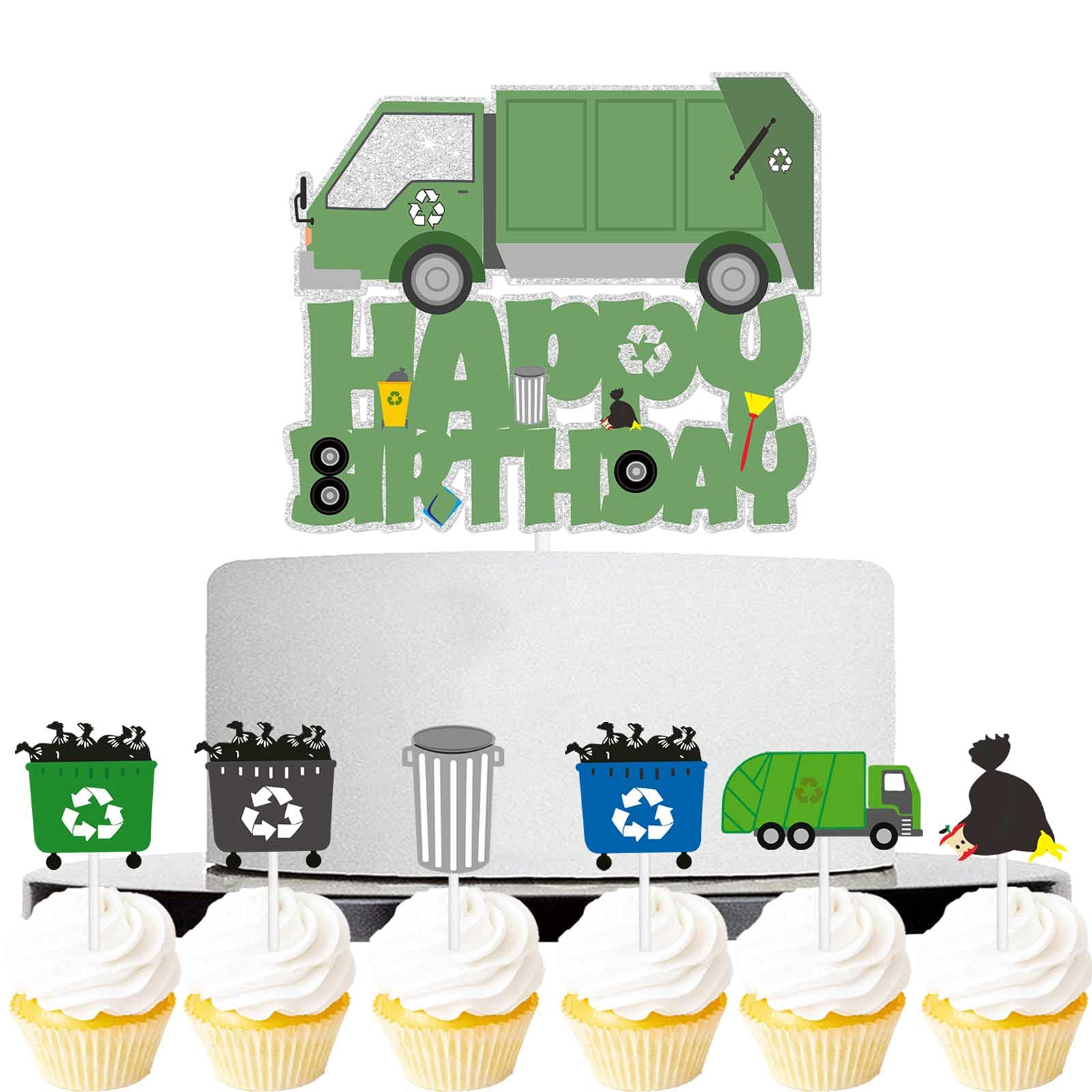 Green Glitter Garbage Truck One Cake Topper and 6PCS Dessert Cupcake Trash Cans Truck Waste Management Recycling Theme Decor Supplies Boys Girls Happy Birthday Party Decorations Set