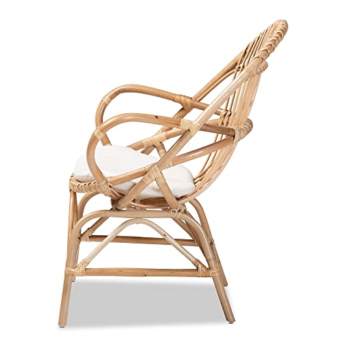 bali & pari Jayden Modern Bohemian White Fabric Upholstered and Natural Rattan Accent Chair