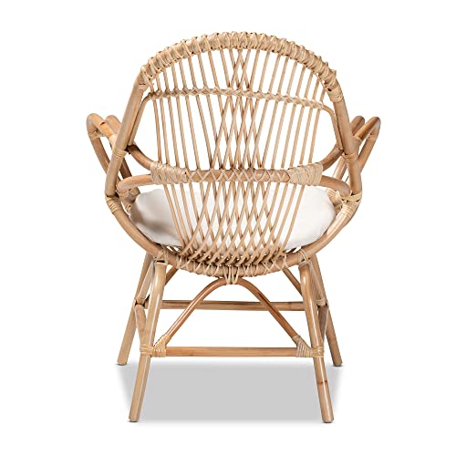 bali & pari Jayden Modern Bohemian White Fabric Upholstered and Natural Rattan Accent Chair