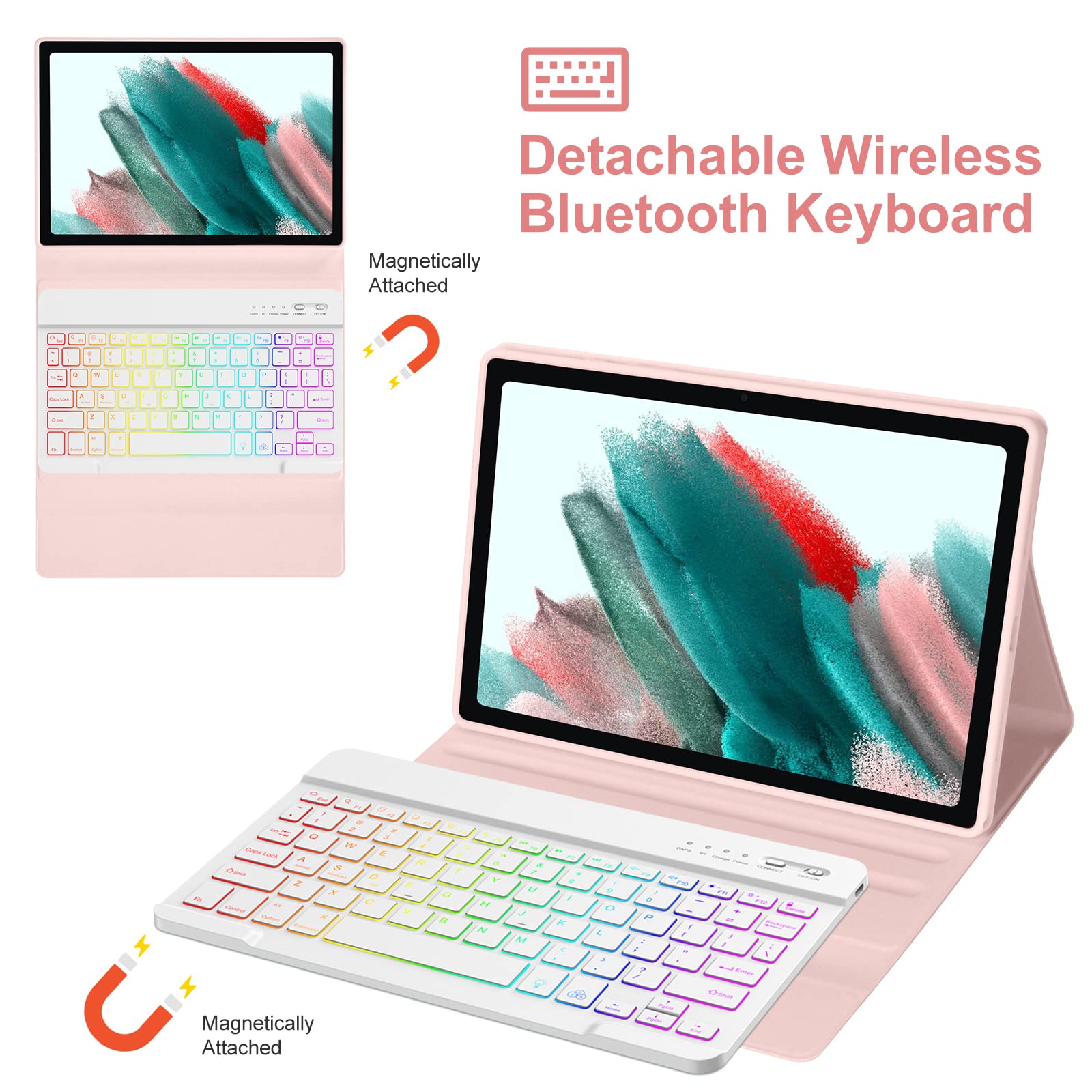 Backlit Keyboard Case for Galaxy Tab A8 10.5 Inch 2022, Detachable Wireless Keyboard, Protective Cover Case Compatible with Samsung Galaxy Tab A8 10.5" SM-X200 X205 X207 Tablet, Pink