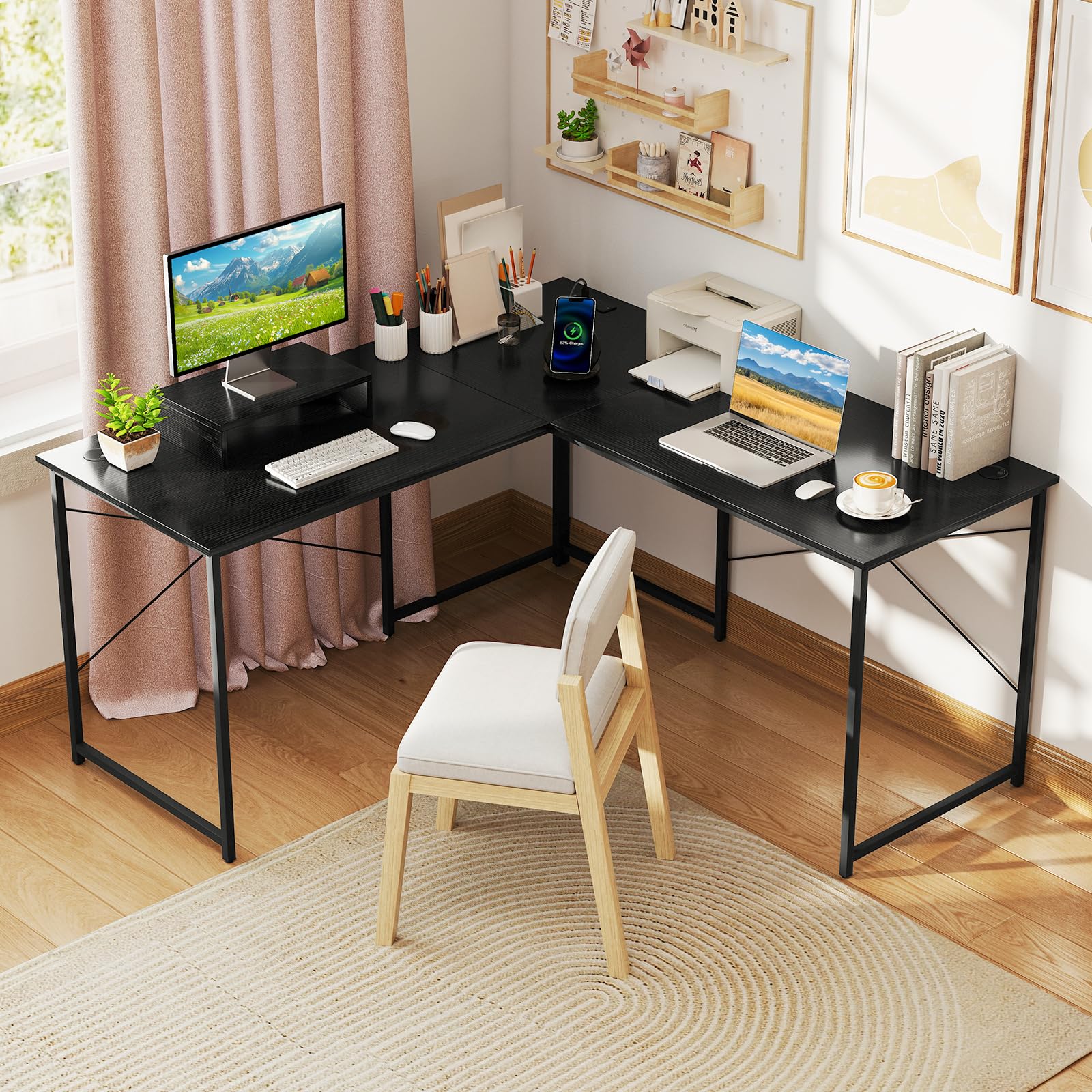 Tangkula L-Shaped Computer Desk with Power Outlets, 95” Long 2-Person Desk with Monitor Shelf, Modern Corner Desk Gaming Table with USB Ports for Home Office