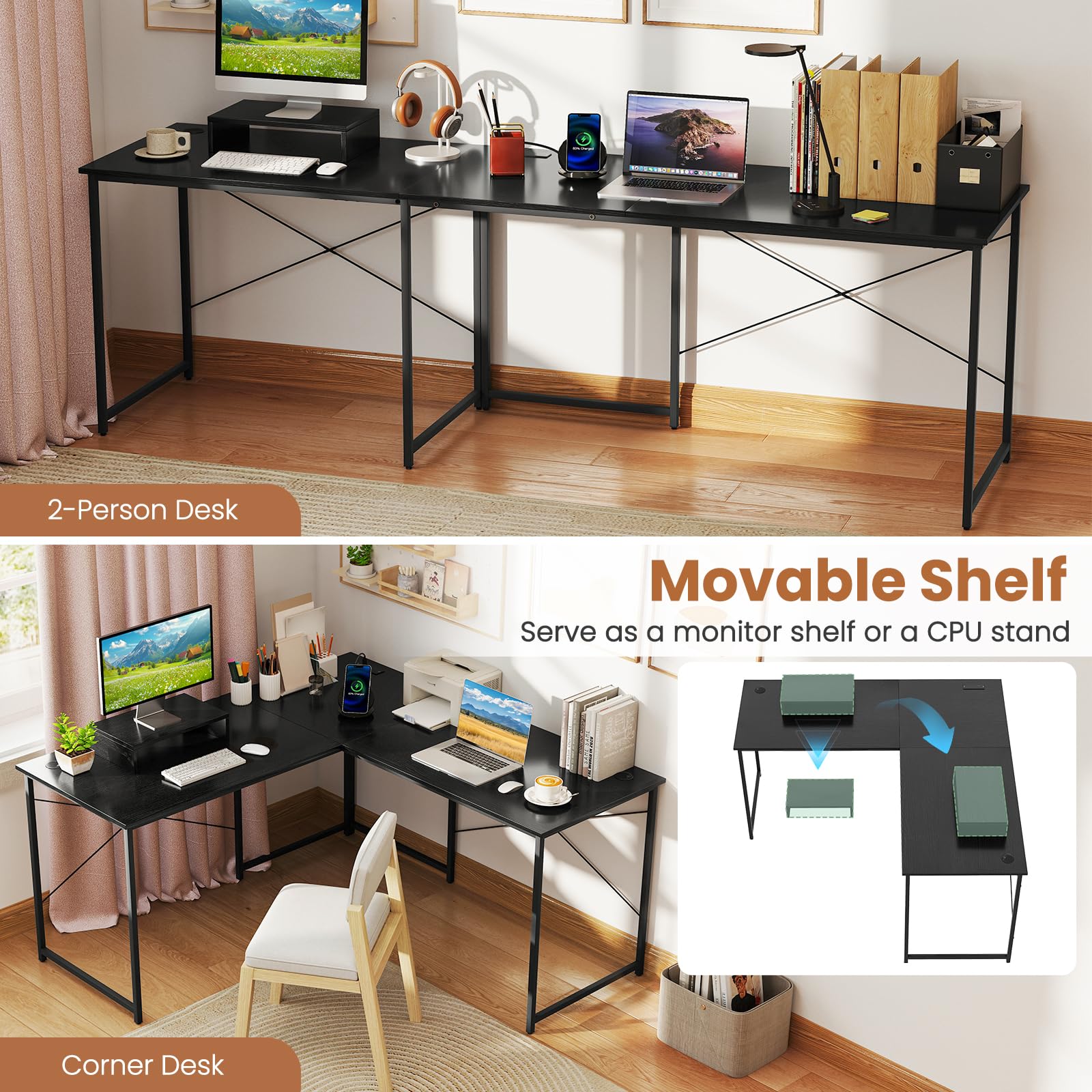 Tangkula L-Shaped Computer Desk with Power Outlets, 95” Long 2-Person Desk with Monitor Shelf, Modern Corner Desk Gaming Table with USB Ports for Home Office