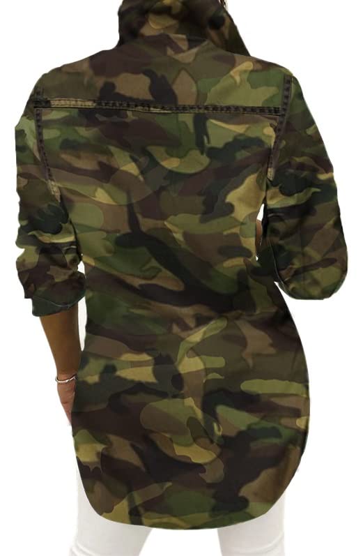 SeNight Camouflage Jacket For Women's Casual With Pockets Sexy V Neck Long Sleeve Button Down Denim Coat