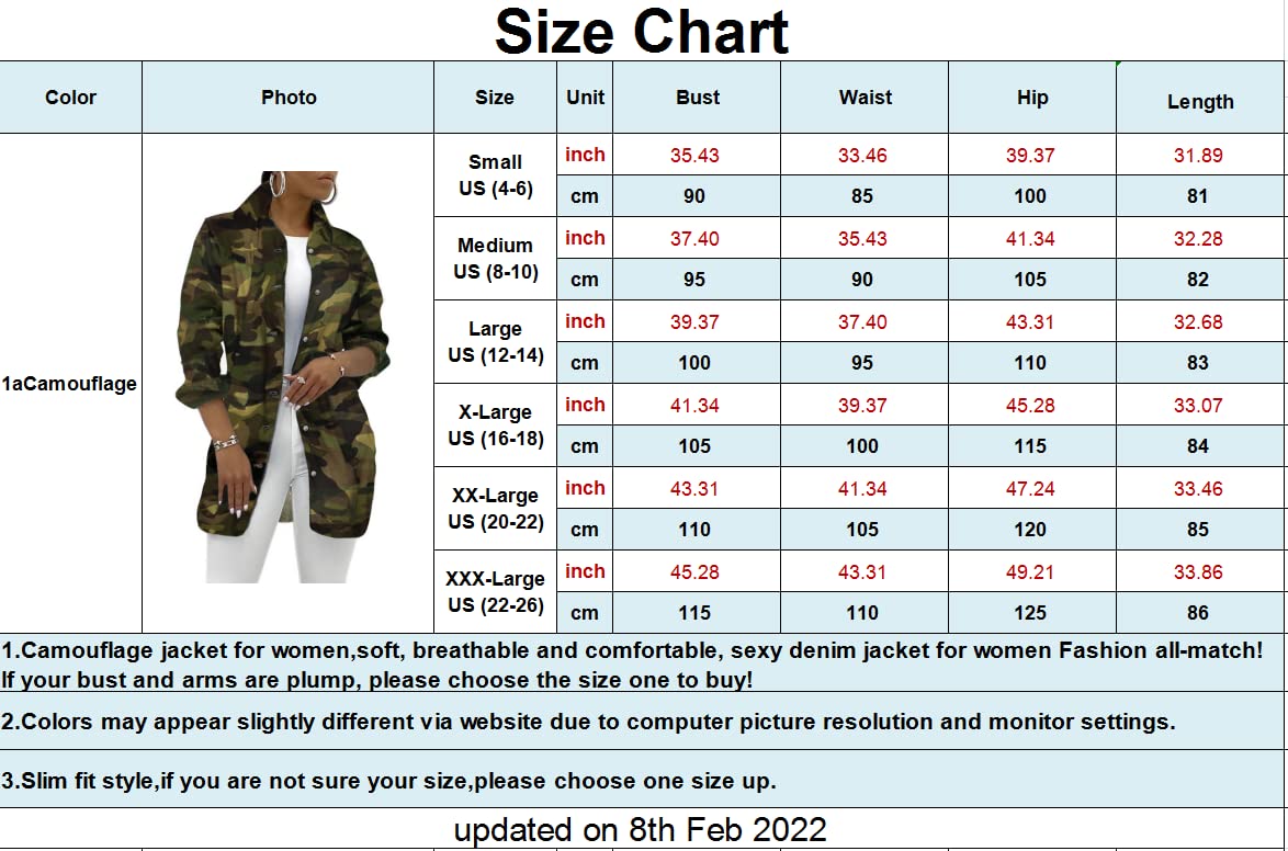 SeNight Camouflage Jacket For Women's Casual With Pockets Sexy V Neck Long Sleeve Button Down Denim Coat