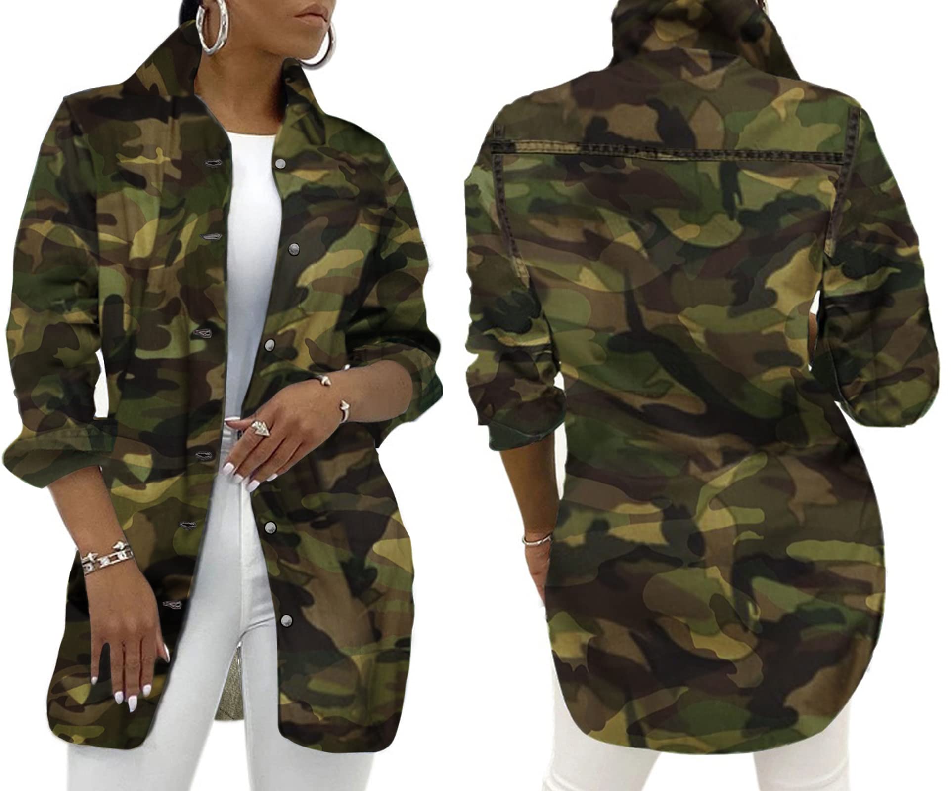SeNight Camouflage Jacket For Women's Casual With Pockets Sexy V Neck Long Sleeve Button Down Denim Coat