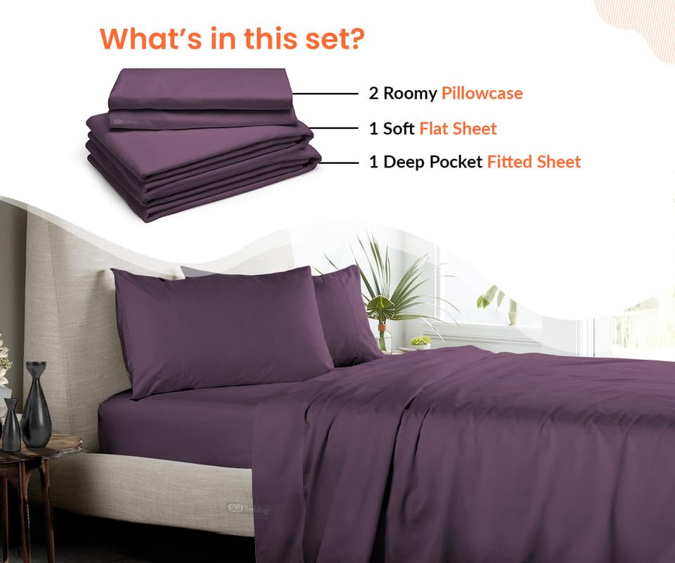 SGI Full Size Plum Soft Luxury Microfiber 4 Piece Sheet Set- Fitted Sheet Flat Sheet 2 Pillowcase Easy Care, Super Soft & Breathable Cool 15" Deep Pocket Fade Wrinkle Stain Resistant Bedding