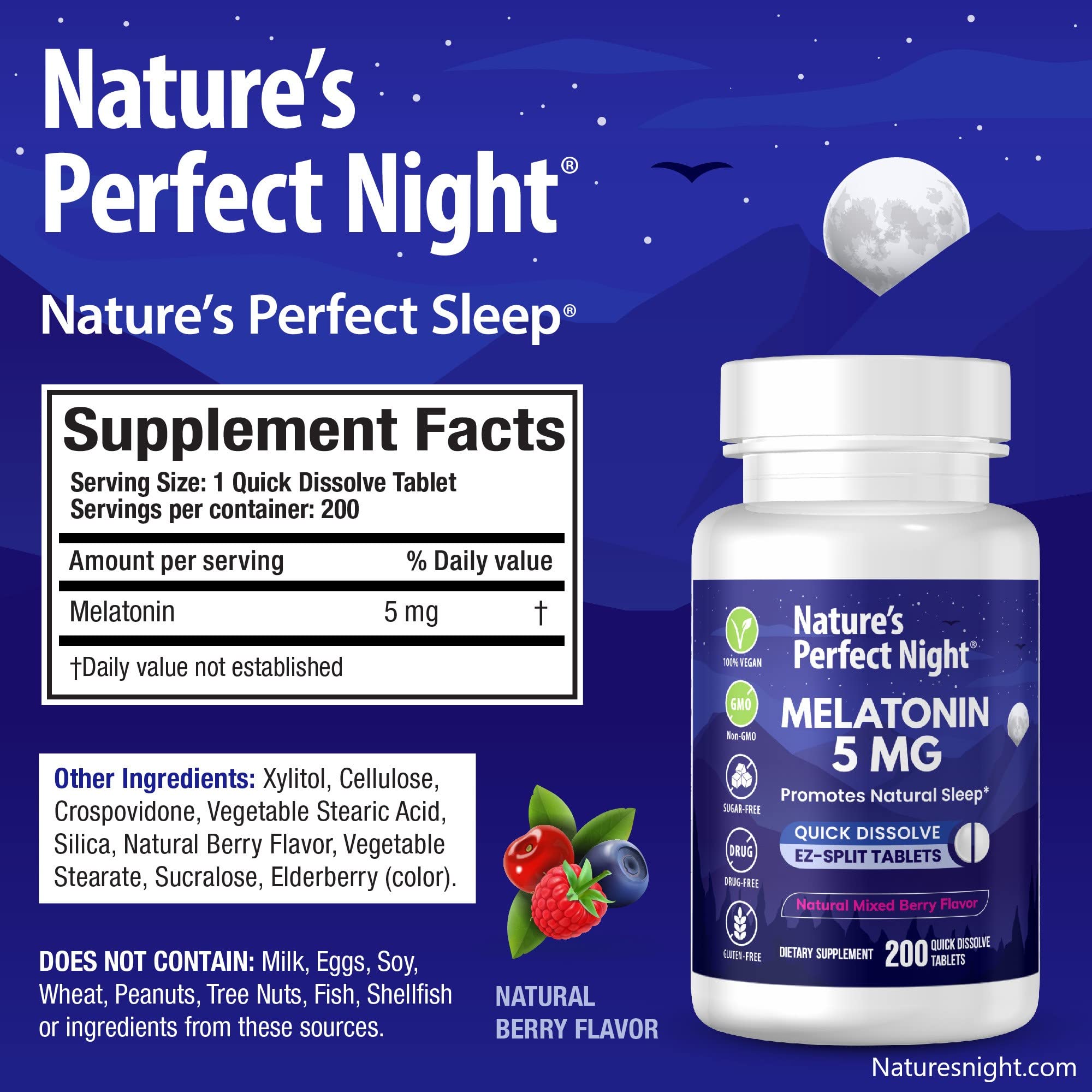 Nature's Perfect Night | Melatonin 5mg | 200 Quick Dissolve Tablets | Natural Mixed Berry Flavor |Preferred Potency | Sugar Free | Vegan | Gluten Free | Value Size