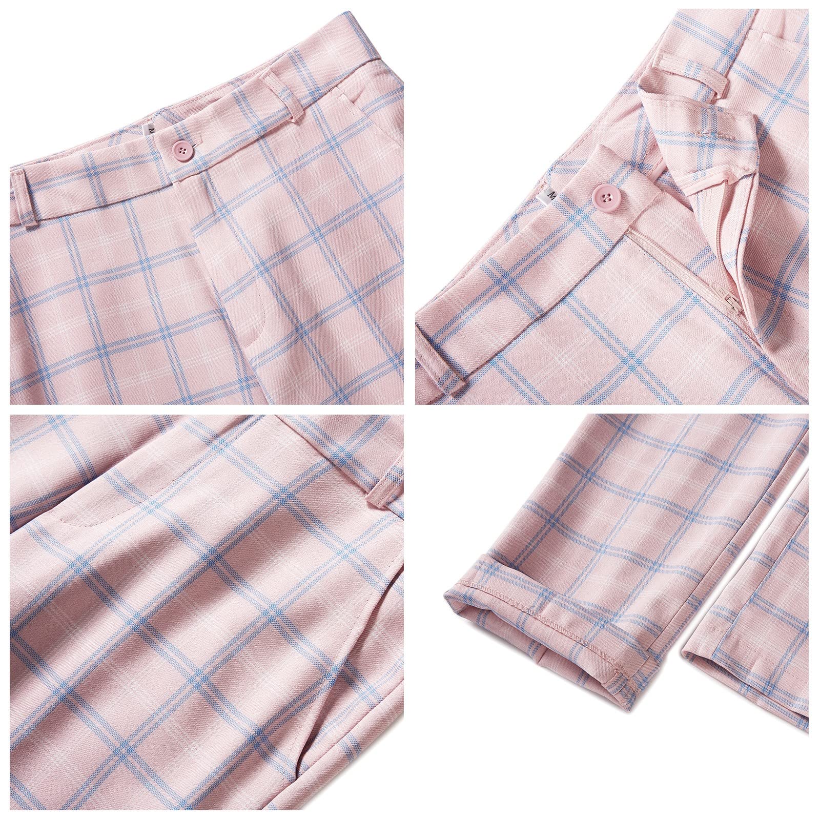 Womens 2 Piece Plaid Suits Set Business Office One Button Blazer Jacket Casual Long Sleeve Pant Suit Set(Pink,Medium)