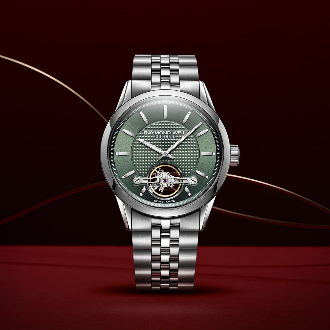 RAYMOND WEIL Freelancer Men's Automatic Watch, Calibre RW1212, Visible Balance Wheel, Green Dial with Indexes, Stainless Steel Bracelet, 42.5 mm (Model: 2780-ST-52001)