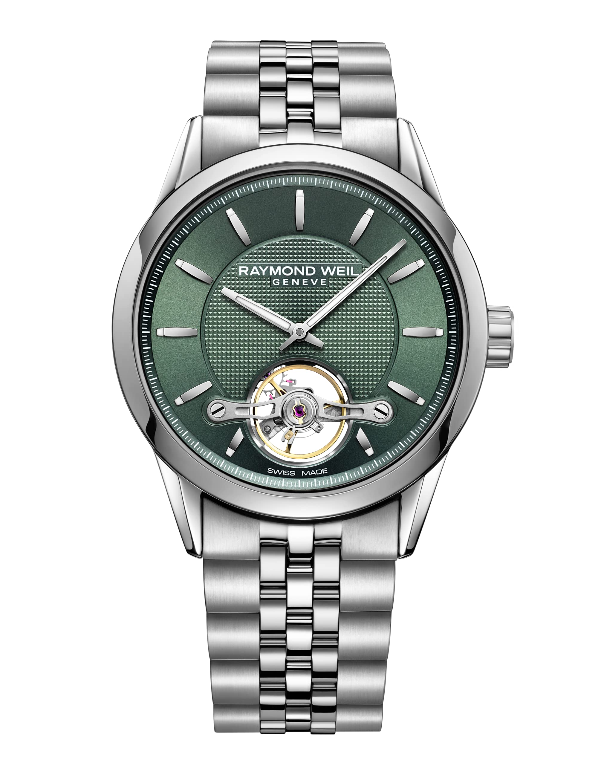 RAYMOND WEIL Freelancer Men's Automatic Watch, Calibre RW1212, Visible Balance Wheel, Green Dial with Indexes, Stainless Steel Bracelet, 42.5 mm (Model: 2780-ST-52001)