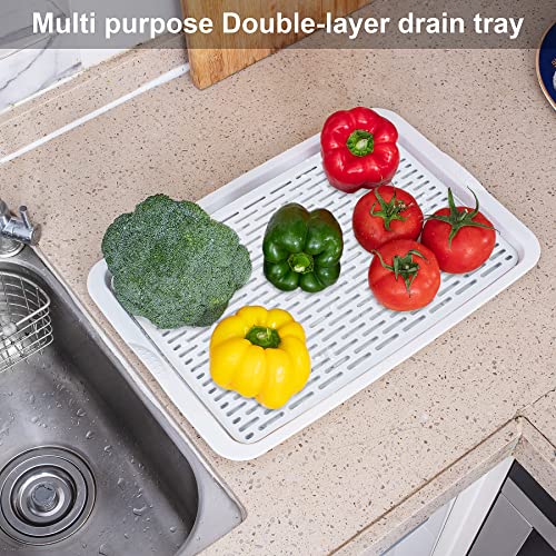 Tableware Drying Tray,Plastic drying dish, 16.2"×11"white,Draining plate,Double Layer Drain Tray, Drying dish,Dish Drying tray.Drain tray for tableware,cups,fruits,vegetables and condiments