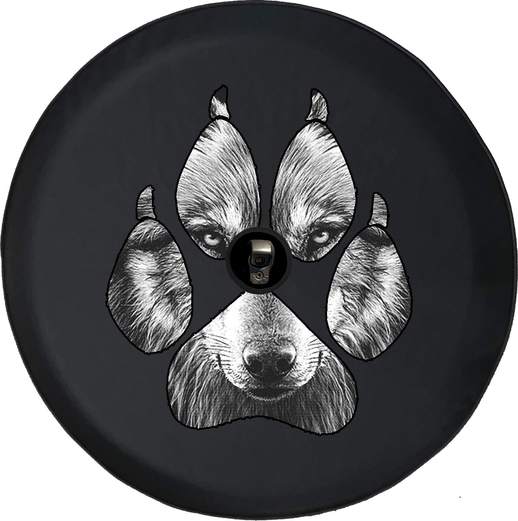 Funny Spare Tire Wheel Cover for Camper SUV Trailer Truck RV JP Thick PVC Leather | American Grey Wolf Paw Print Black 32 Inch with Backup Camera Hole