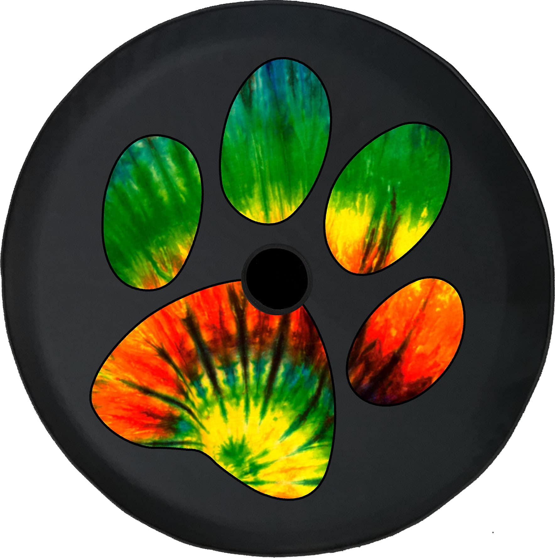 Funny Spare Tire Wheel Cover for Camper SUV Trailer Truck RV JP Thick PVC Leather | Tie Dye Dog Paw Prints Black 32 Inch with Backup Camera Hole