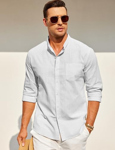COOFANDY Men's Casual Button Down Long Sleeve Shirt White Linen Shirt Beach Summer Shirts