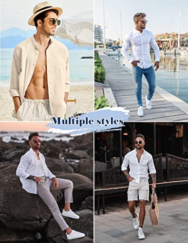 COOFANDY Men's Casual Button Down Long Sleeve Shirt White Linen Shirt Beach Summer Shirts