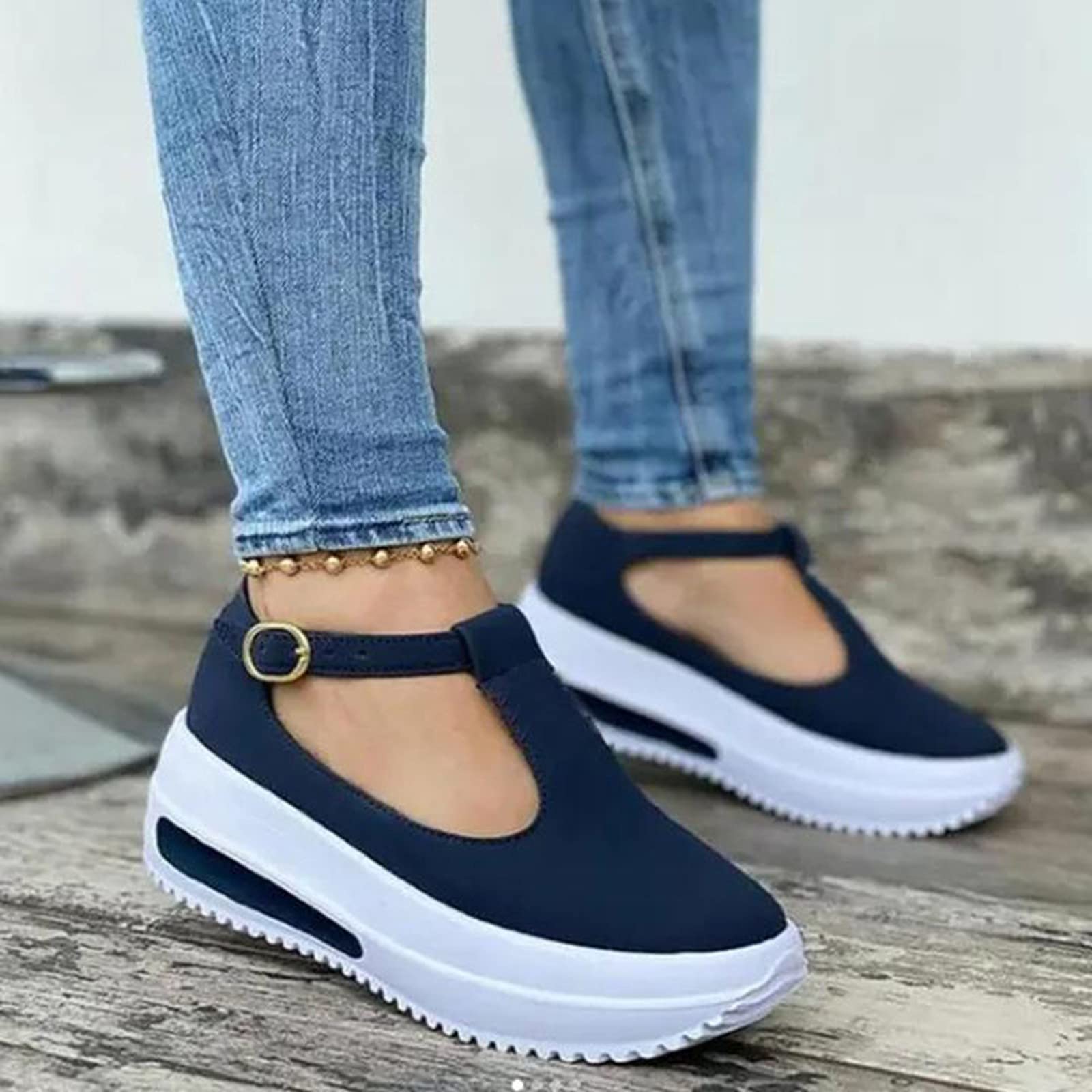 Aniywn Womens Platform Shoes Closed Toe Wedge Sandals Summer Casual Non-Slip Ankle T-Strap Comfort Shoes Walking Loafers Blue