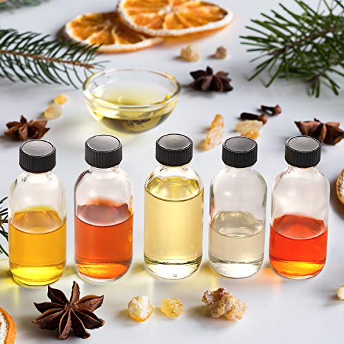 12 Pack, 2 oz Small Clear Glass Bottles with Lids & 3 Stainless Steel Funnels - 60ml Boston Round Sample Bottles for Potion, Juice, Ginger Shots, Oils, Whiskey, Liquids - Mini Travel Bottles, NO Leakage