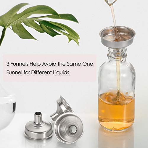12 Pack, 2 oz Small Clear Glass Bottles with Lids & 3 Stainless Steel Funnels - 60ml Boston Round Sample Bottles for Potion, Juice, Ginger Shots, Oils, Whiskey, Liquids - Mini Travel Bottles, NO Leakage