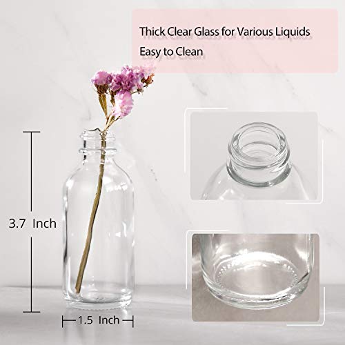 12 Pack, 2 oz Small Clear Glass Bottles with Lids & 3 Stainless Steel Funnels - 60ml Boston Round Sample Bottles for Potion, Juice, Ginger Shots, Oils, Whiskey, Liquids - Mini Travel Bottles, NO Leakage
