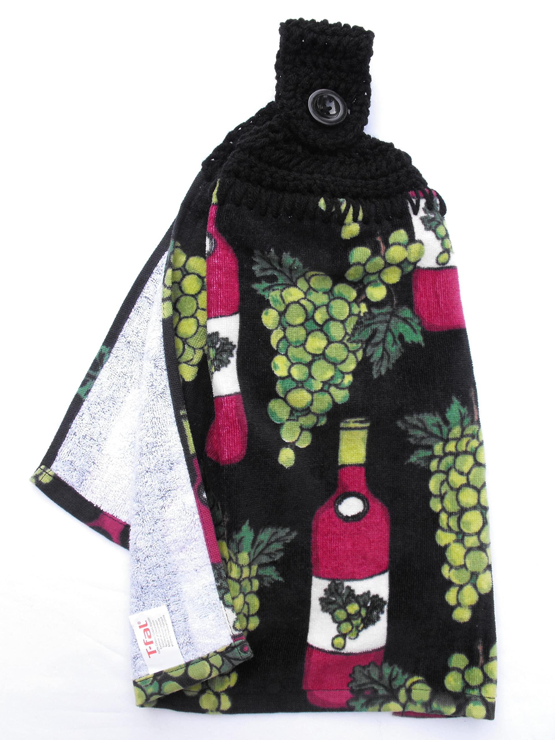 RICH GREEN GRAPES & BOTTLE OF WINE - DOUBLE THICK/FULL HANDMADE CROCHET TOP KITCHEN TOWEL