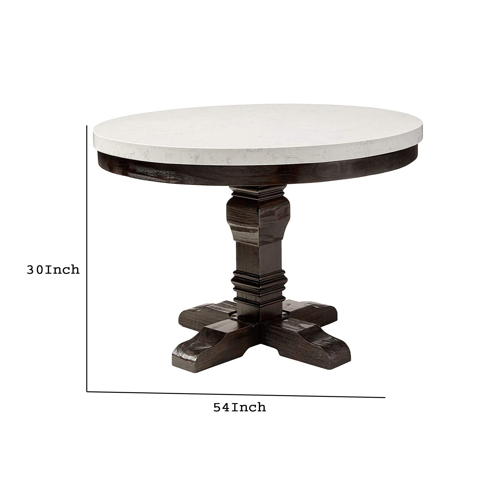Benjara Dining Table with Marble Top and Pedestal Base, White and Gray