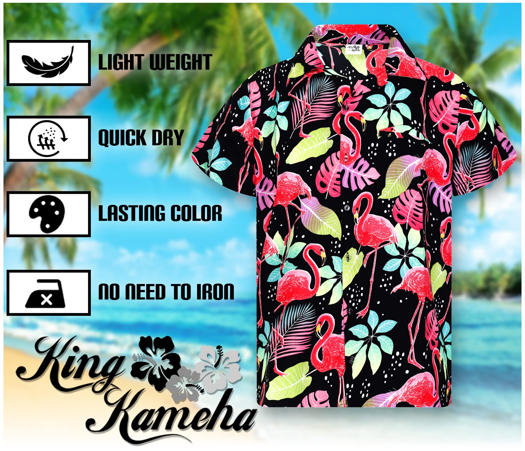 KING KAMEHA Funky Hawaiian Shirt, Shortsleeve, Funky Flamingos, Black, XL
