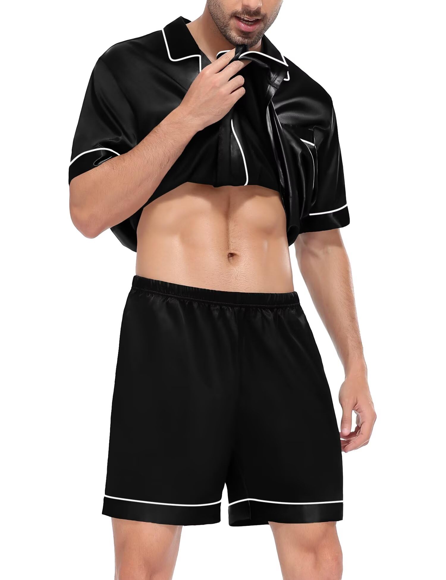 SWOMOG Satin Matching Pajamas Sets Couple Silk Button Down Nightwear Men & Women Short Sleeve Sleepwear 2 Pieces Loungewear Black