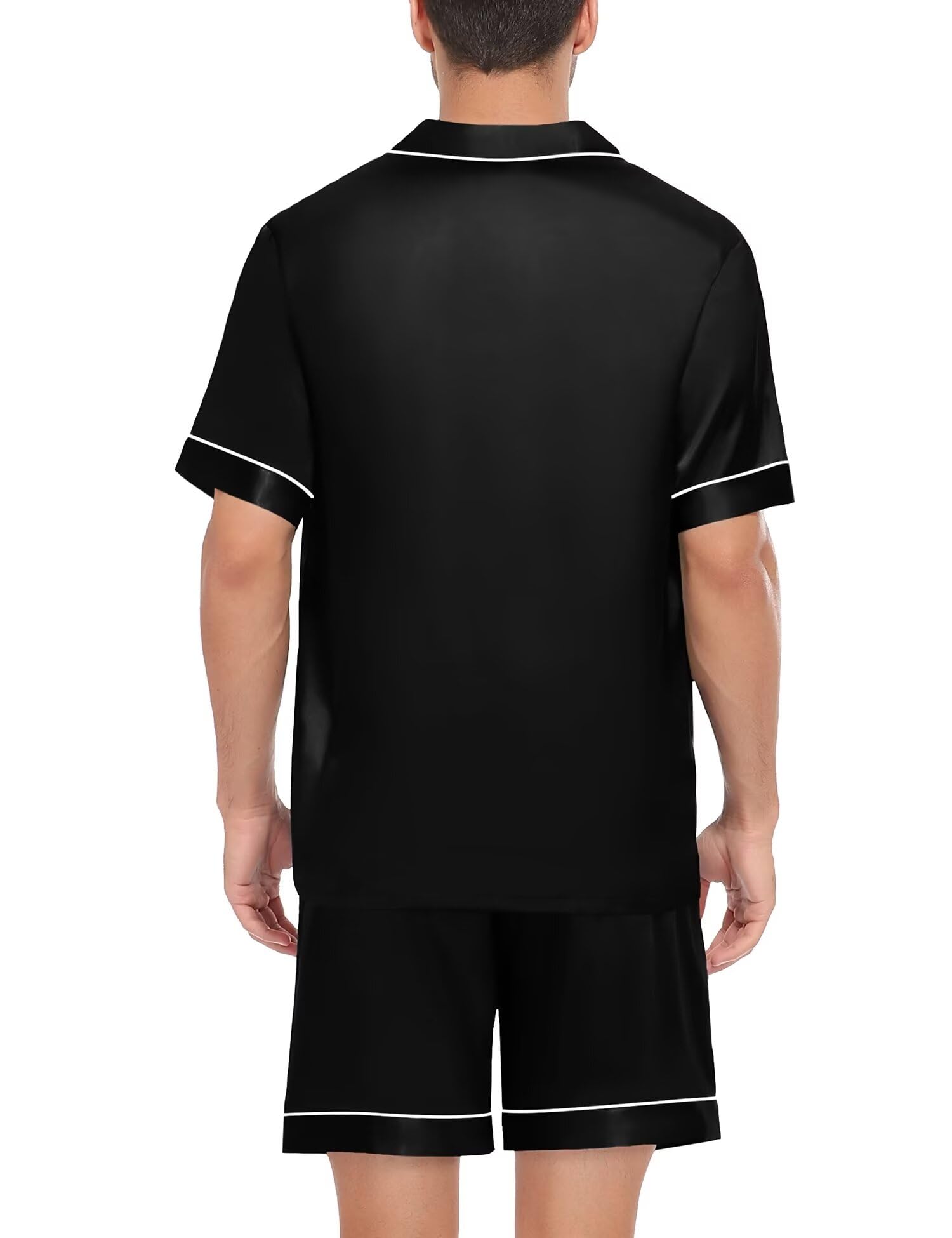 SWOMOG Satin Matching Pajamas Sets Couple Silk Button Down Nightwear Men & Women Short Sleeve Sleepwear 2 Pieces Loungewear Black