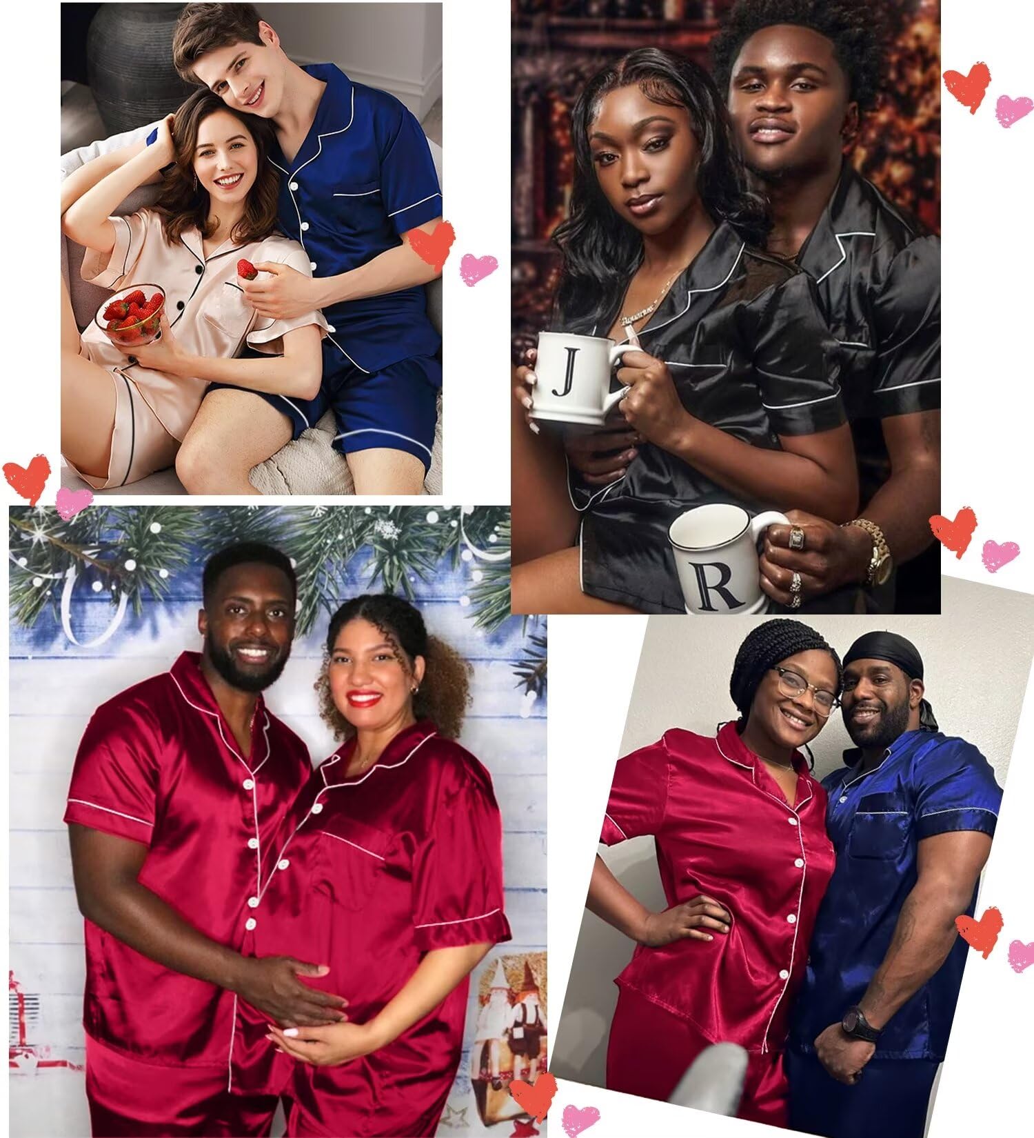 SWOMOG Satin Matching Pajamas Sets Couple Silk Button Down Nightwear Men & Women Short Sleeve Sleepwear 2 Pieces Loungewear Black