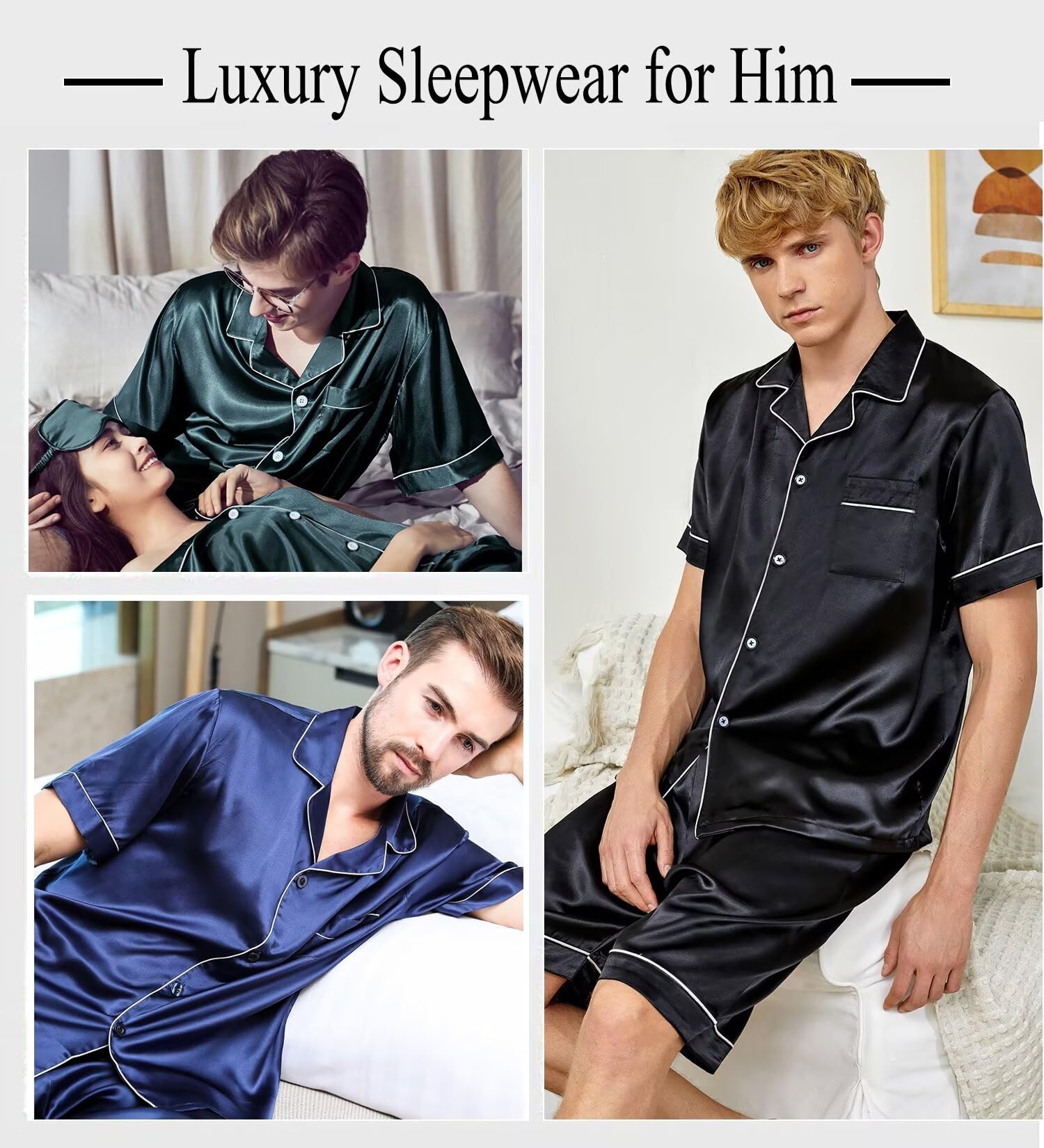 SWOMOG Satin Matching Pajamas Sets Couple Silk Button Down Nightwear Men & Women Short Sleeve Sleepwear 2 Pieces Loungewear Black
