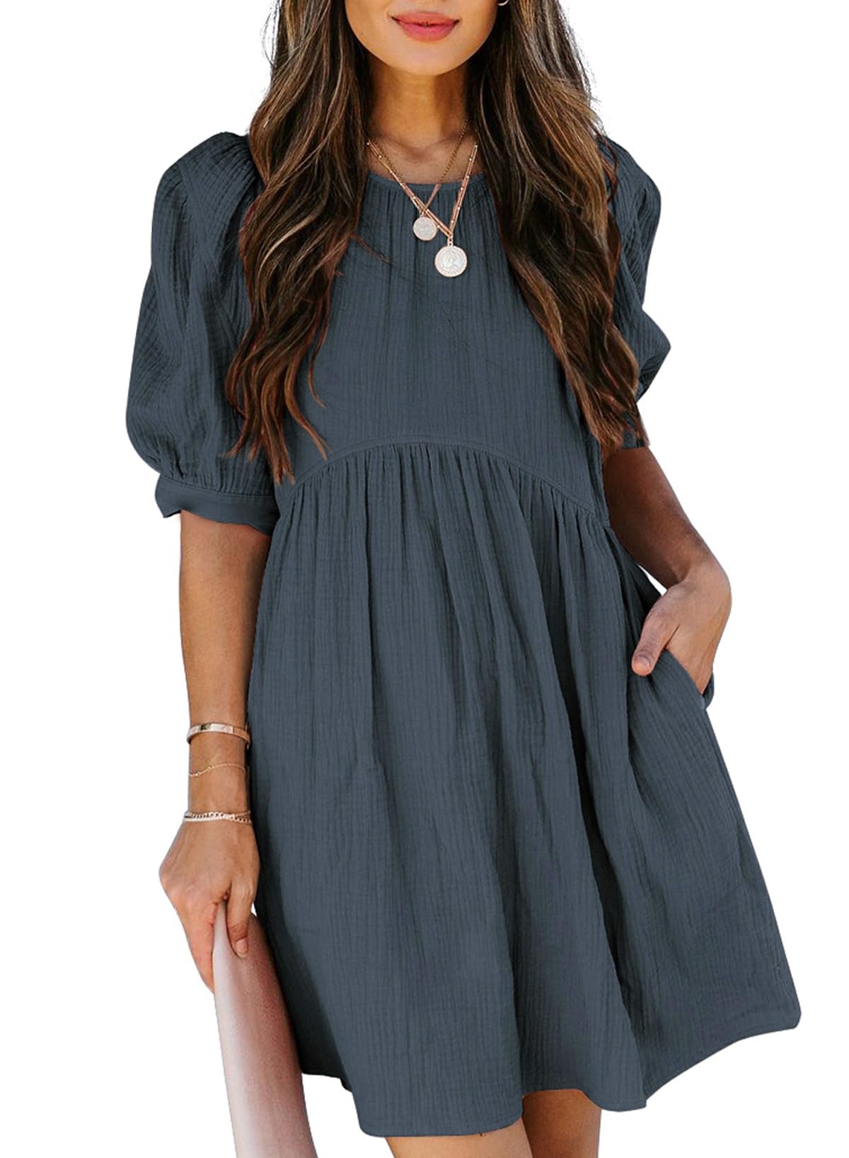 Dokotoo Womens Ladies Summer Sun Dress Spring Tunic Dress Round Neck Lantern Short Sleeve High Waist Pocketed Mini Short Shift Dress for Party Gray X-Large