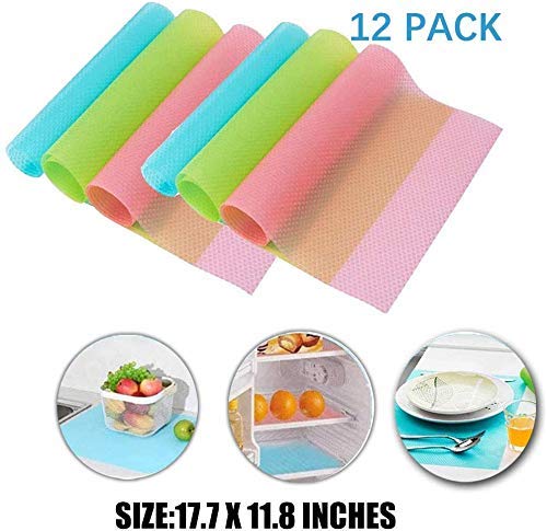 Kinweed 12 PCS Shelf Mats Refrigerator Liners Washable Refrigerator Pads Fridge Mats Drawer Table Placemats(4 Blue+4 Pink+4 Green)