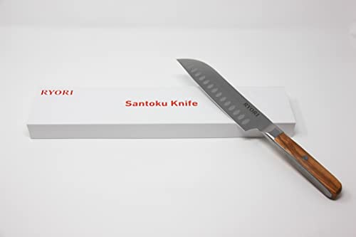 Ryori 7 inch Sharp Santoku Knife | German High Carbon Stainless Steel Blade Kitchen Knife | Ergonomic Olive Wood Handle Chopping Knife for Home or Professional Use